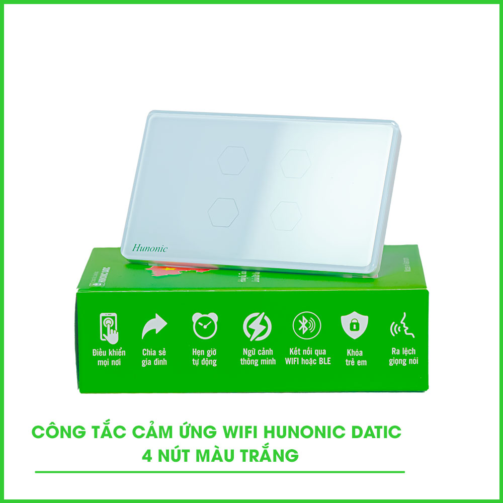 Công Tắc Cảm Ứng Wifi 4 Nút Hunonic Datic Màu Trắng - Qúy Mến Smarthome